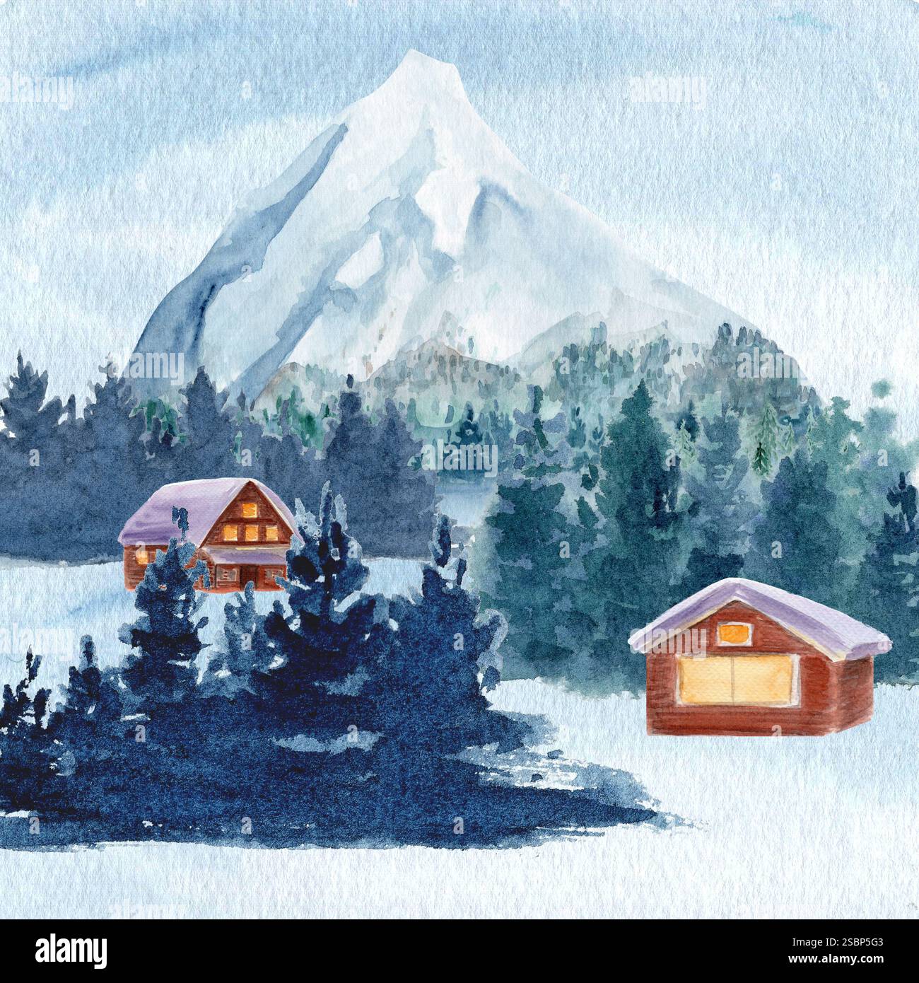 Austrian chalet, mountain, forest winter landscape isolated on white ...