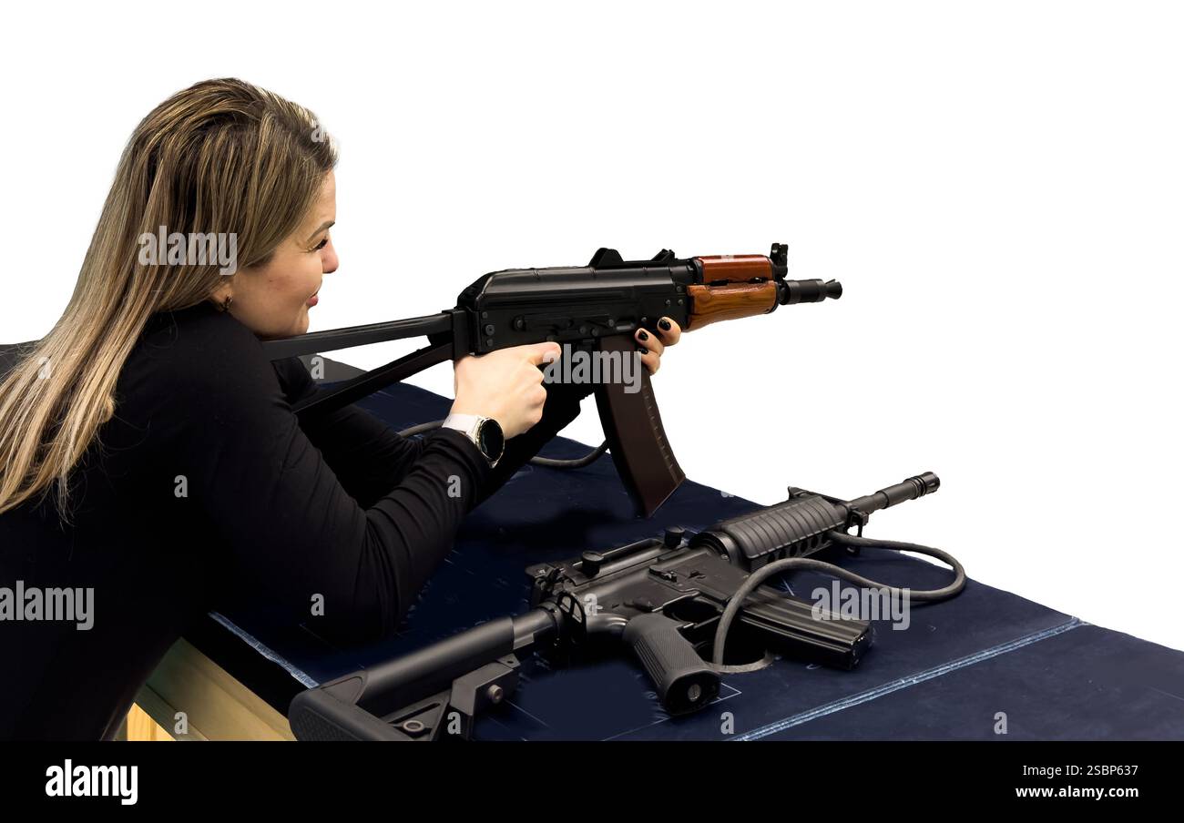 Shooters practicing tactical shooting in a modern indoor gun range ...