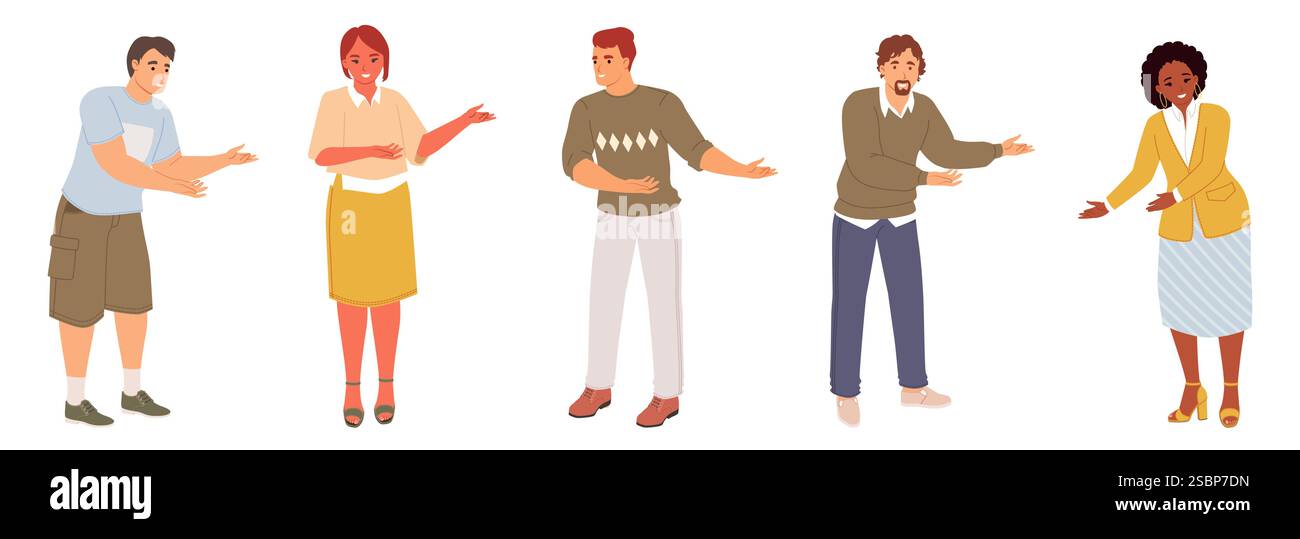 Diverse people characters set showing welcome gesture Stock Vector ...