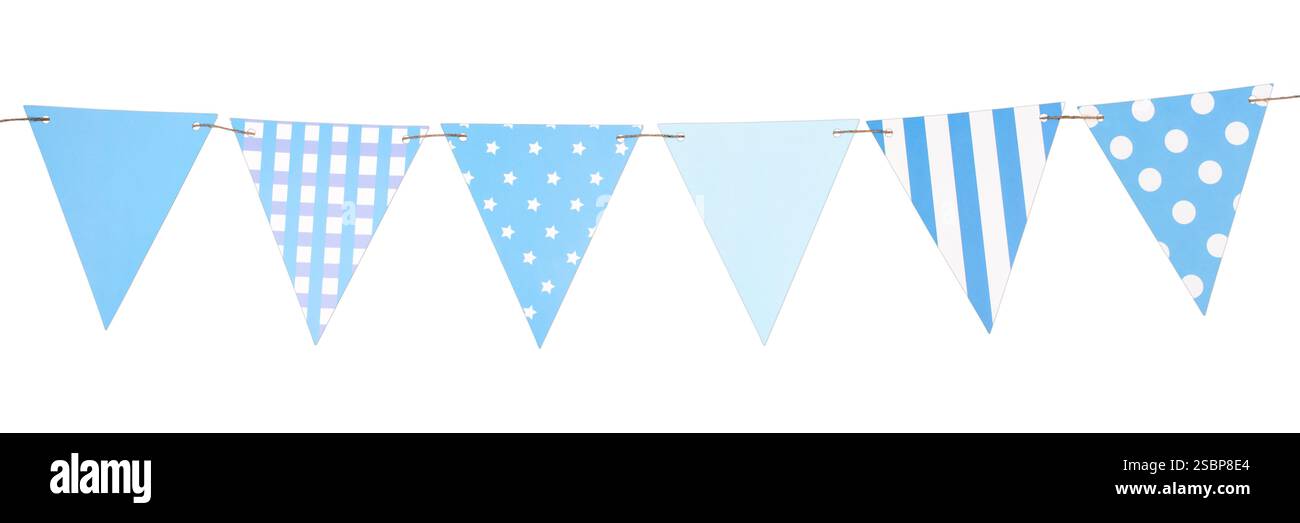 Festive garland of triangular paper blue flags isolated on a white ...