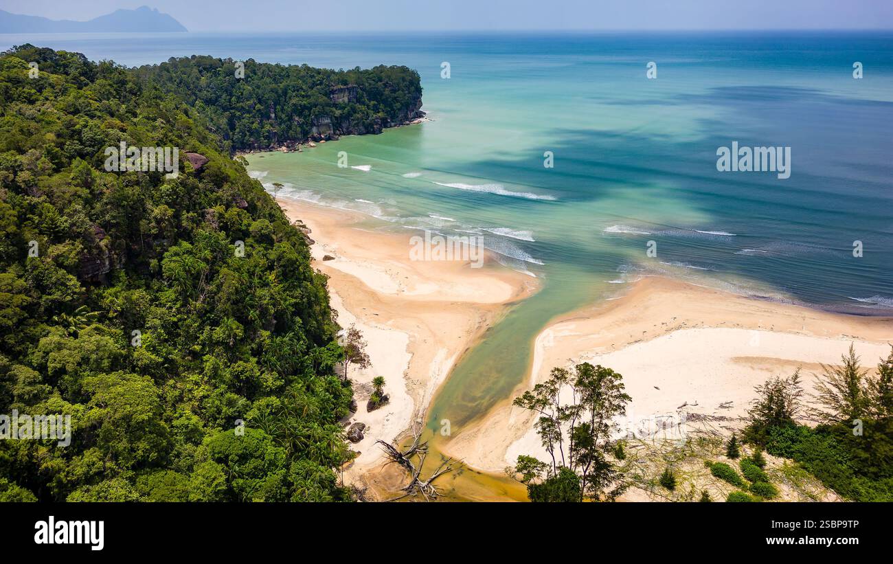 Aerial shot of a sandy beach surrounded by dense tropical rainforest at ...
