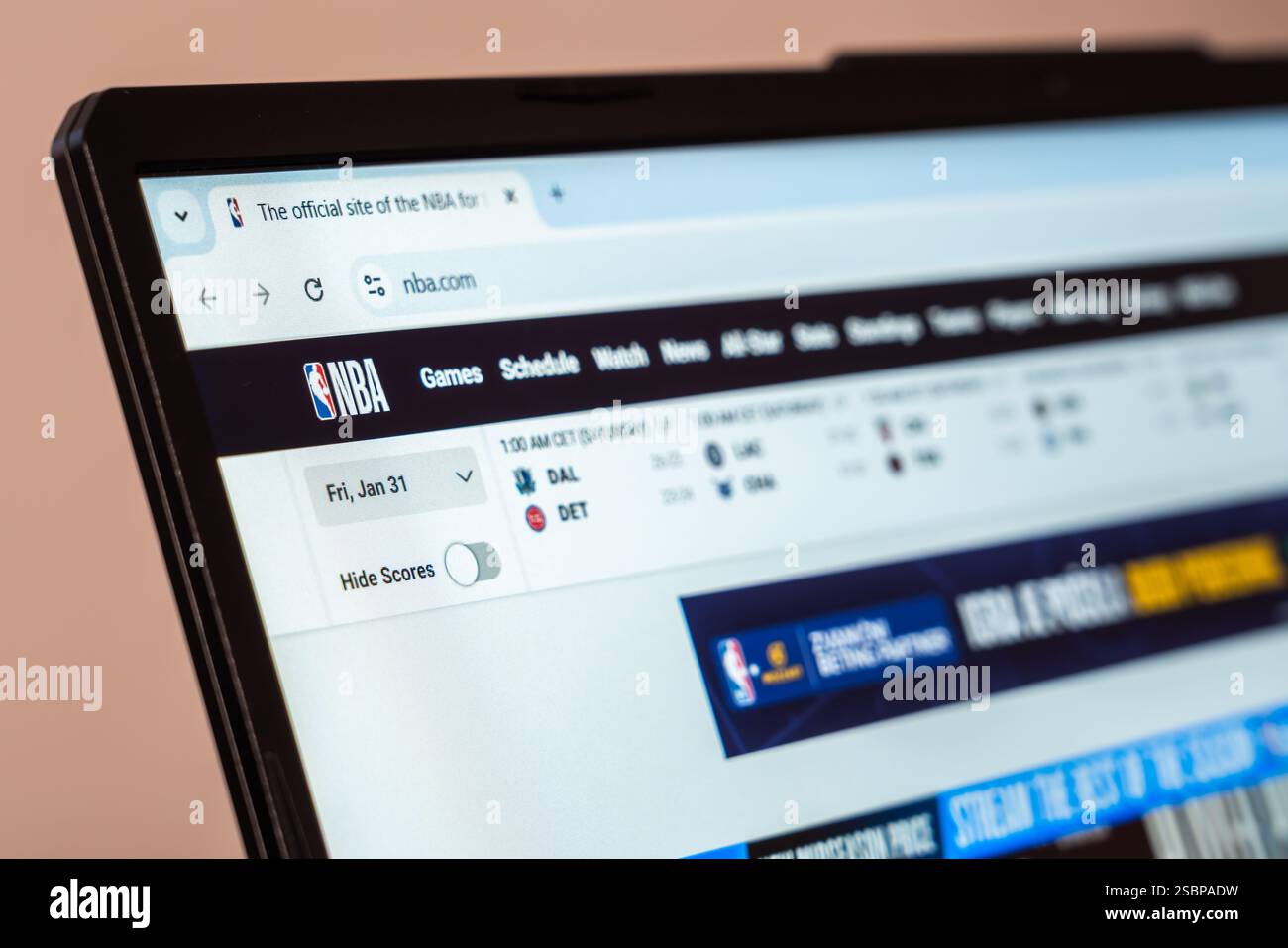 New York, USA - January 31, 2025: NBA website homepage on laptop screen showcasing game ...