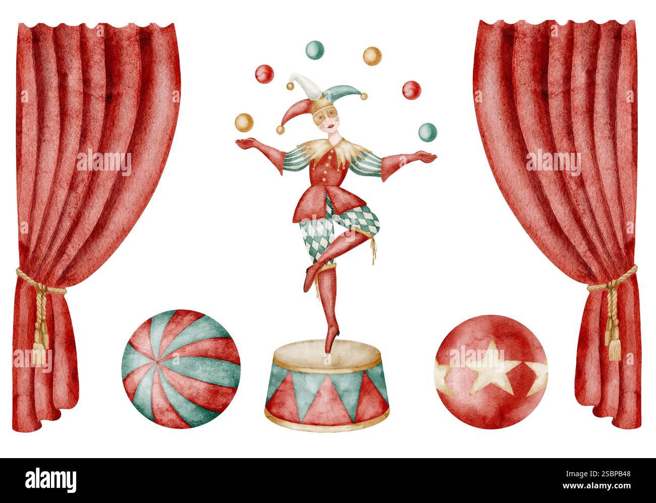 Watercolor illustration of a Juggling Clown on a pedestal surrounded by ...