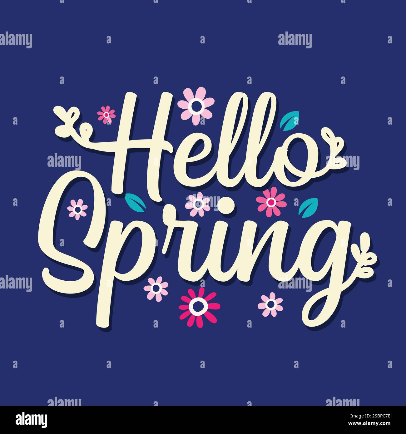 Hello Spring floral design template. Springtime hand drawn lettering ...