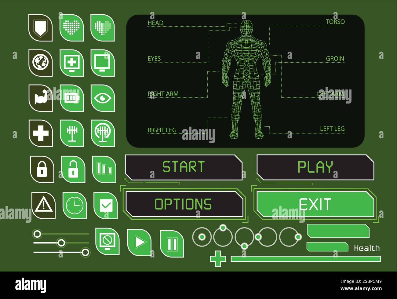 set of retro cyberpunk video game interface icons, sci fi vector design HUD elements Stock ...