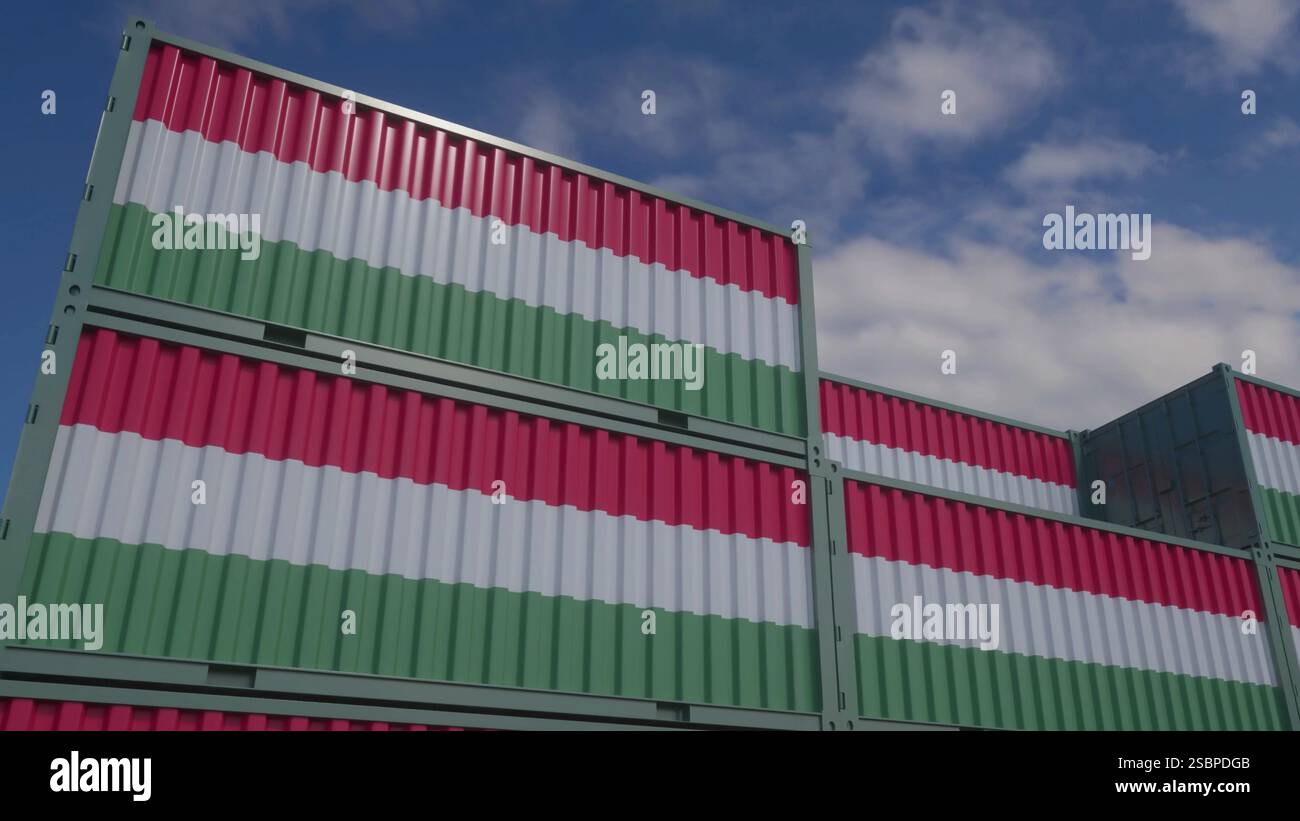Hungary flag containers are located at the container terminal. Hungary export or import concept ...