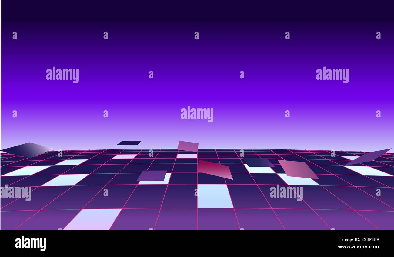 1980's neon sci fi landscape. Retrowave, synthwave vector background. Cyberpunk perspective grid ...