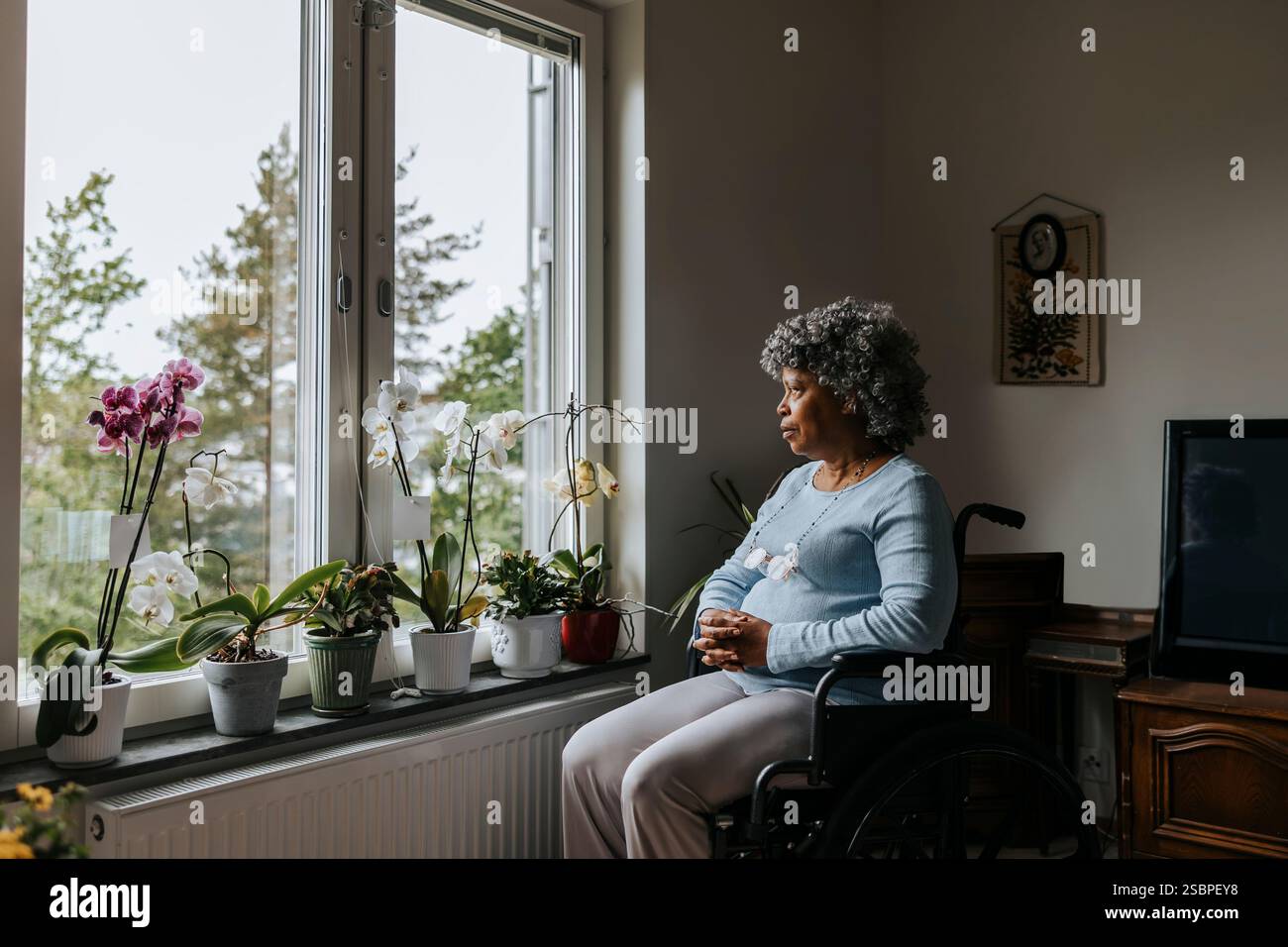 Senior woman with disability looking through window at nursing home ...