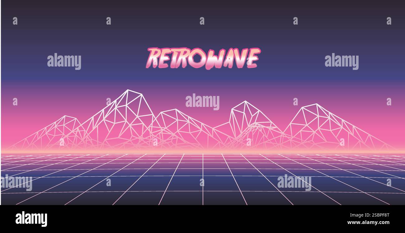 1980's neon sci fi landscape. Retrowave, synthwave vector background ...