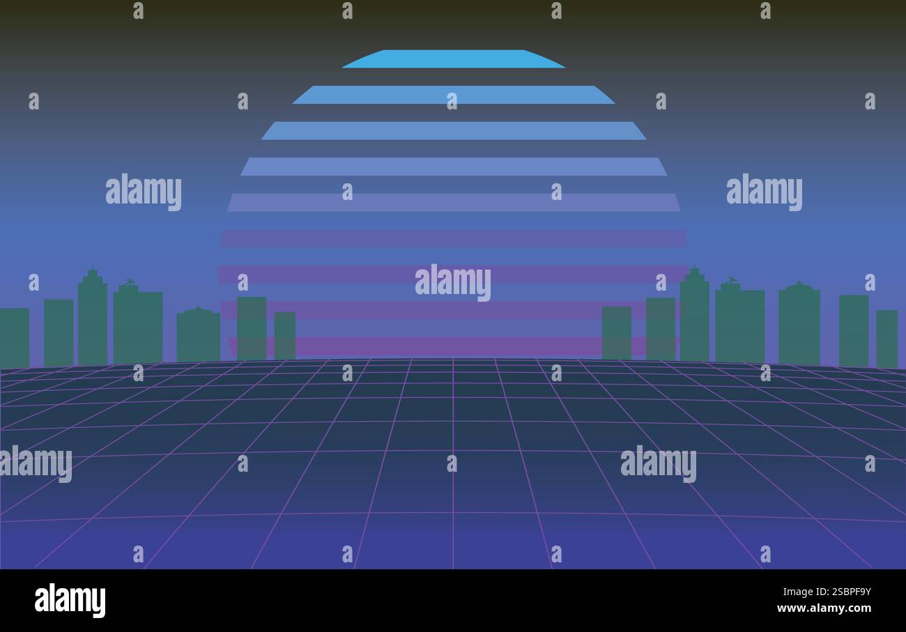 1980's neon sci fi landscape. Retrowave, synthwave vector background ...