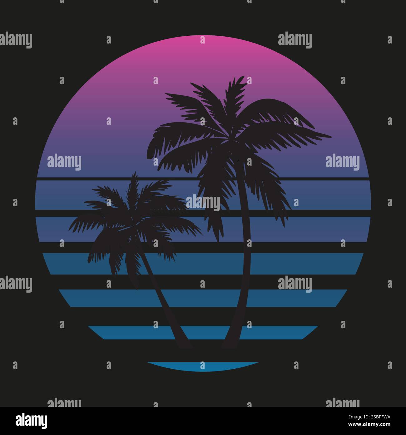 Retrowave illustration of palm trees against the purple 1980's sunset ...