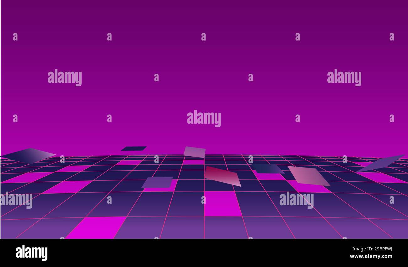 1980's neon sci fi landscape. Retrowave, synthwave vector background. Cyberpunk perspective grid ...