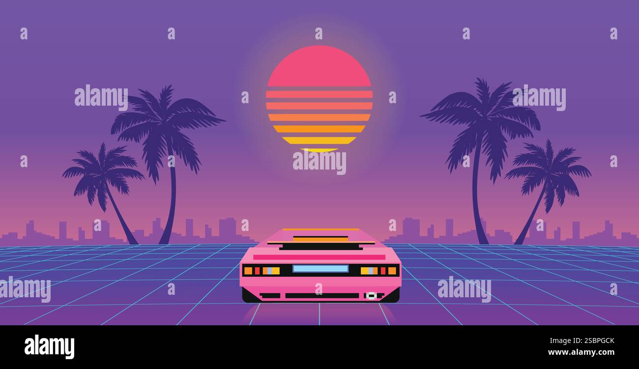 80s retrowave background, 3d illustration. Retro video racing game concept. Futuristic car drive ...