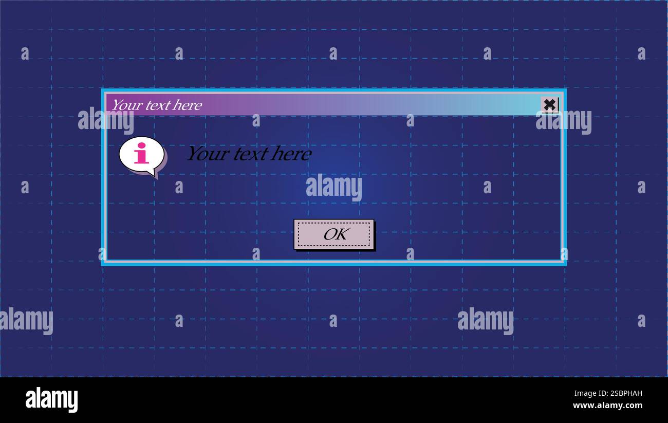 Vector illustration, retrowave style banner with old operation system window with ok button ...