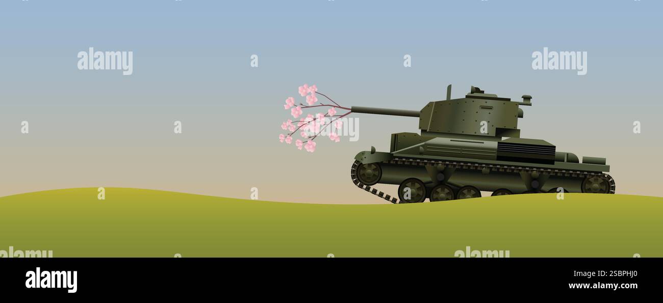 vector illustration of old military tank with flowers in its cannon ...