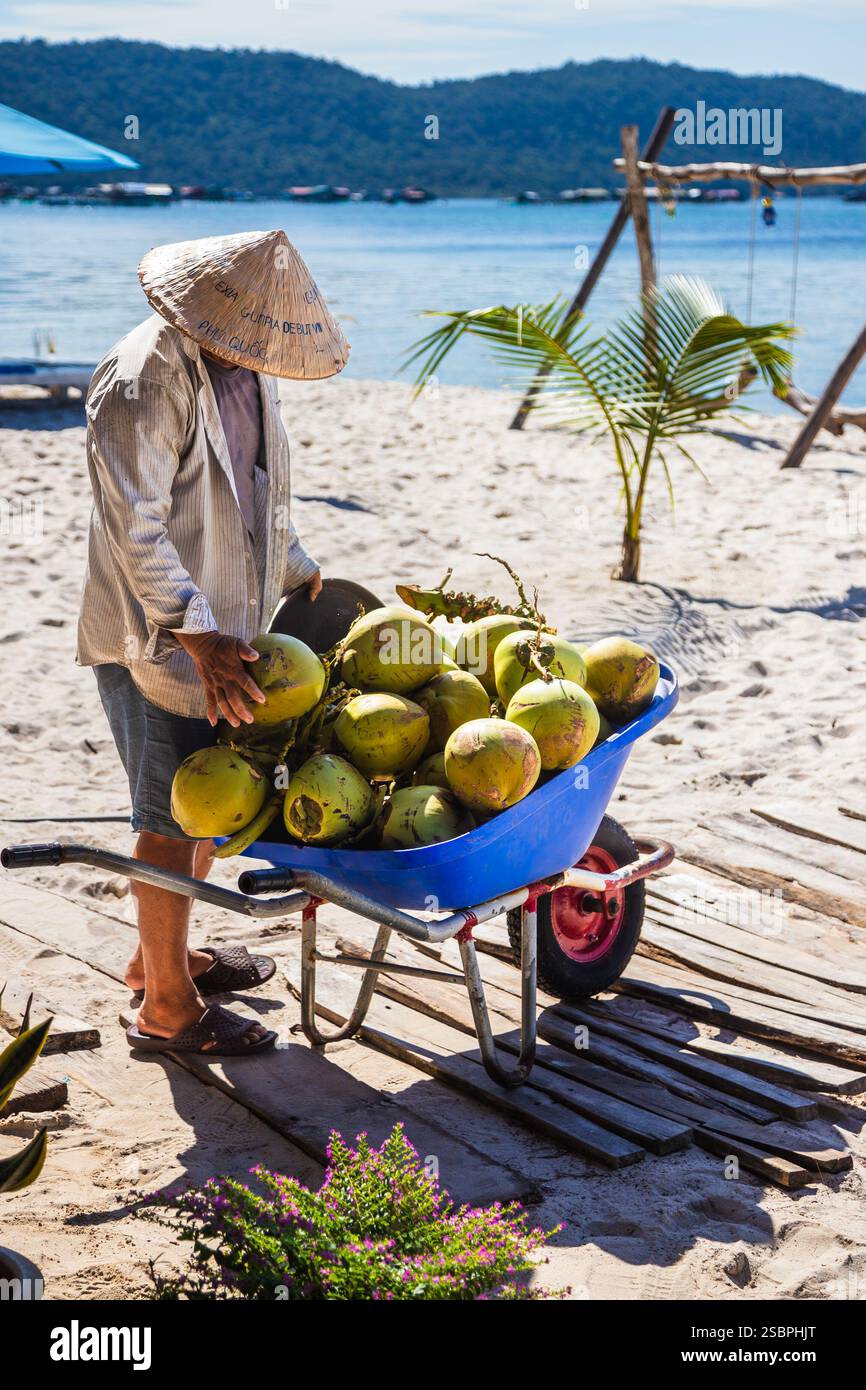 person wearing a traditional conical hat, standing on a sandy beach ...