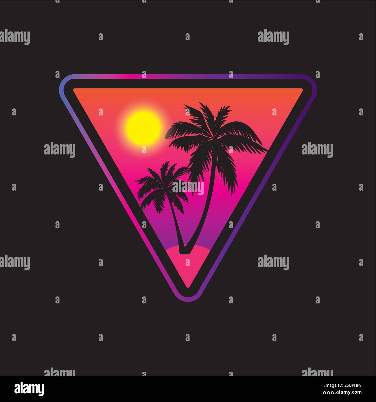 1980's inspired triangle patch design with palm trees and sunset, t ...