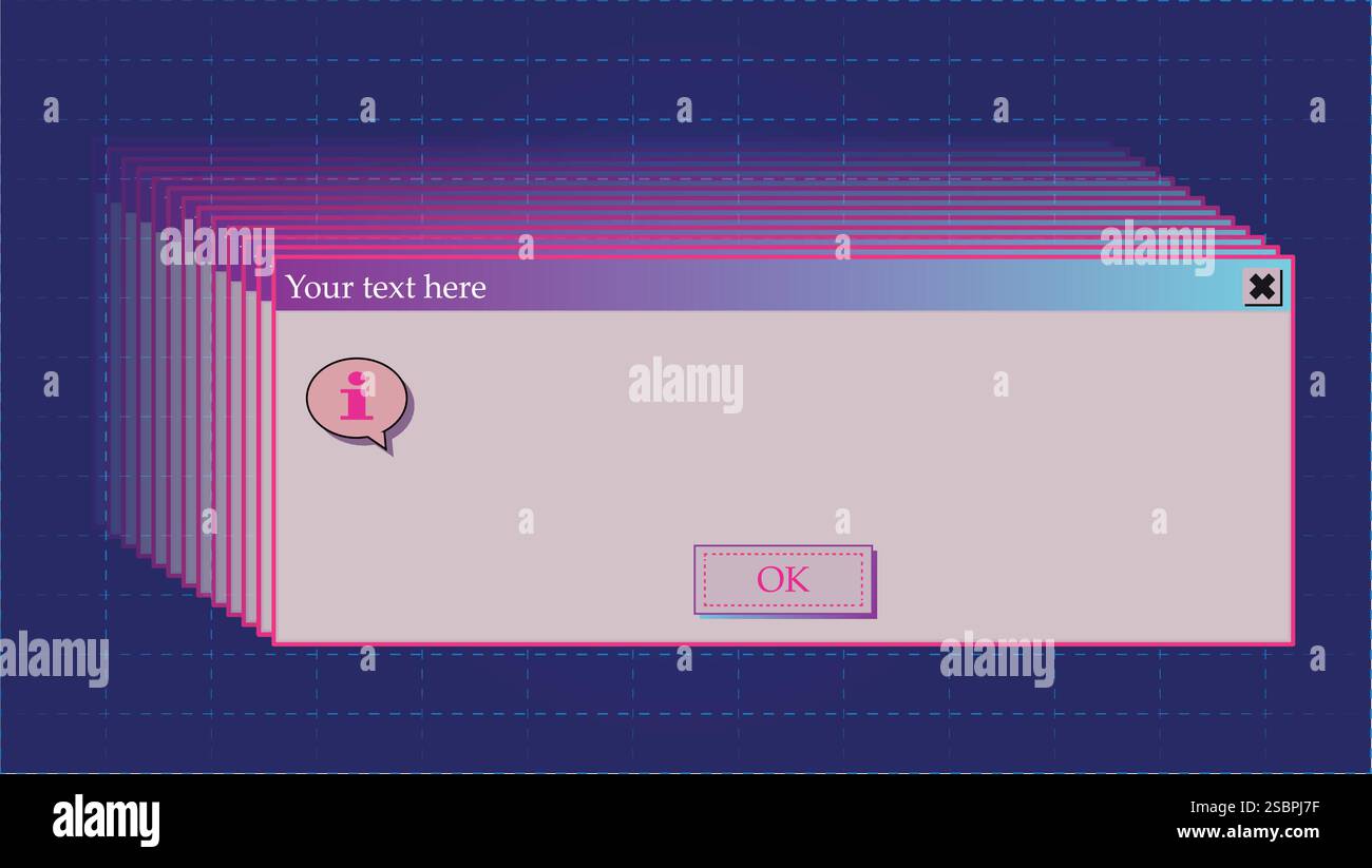 Vector illustration, retrowave style banner with old operation system window with ok button ...