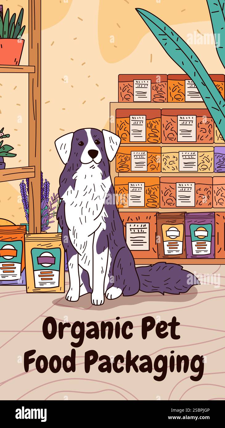 Dog in pet store with food packaging shelves plants colorful design ...