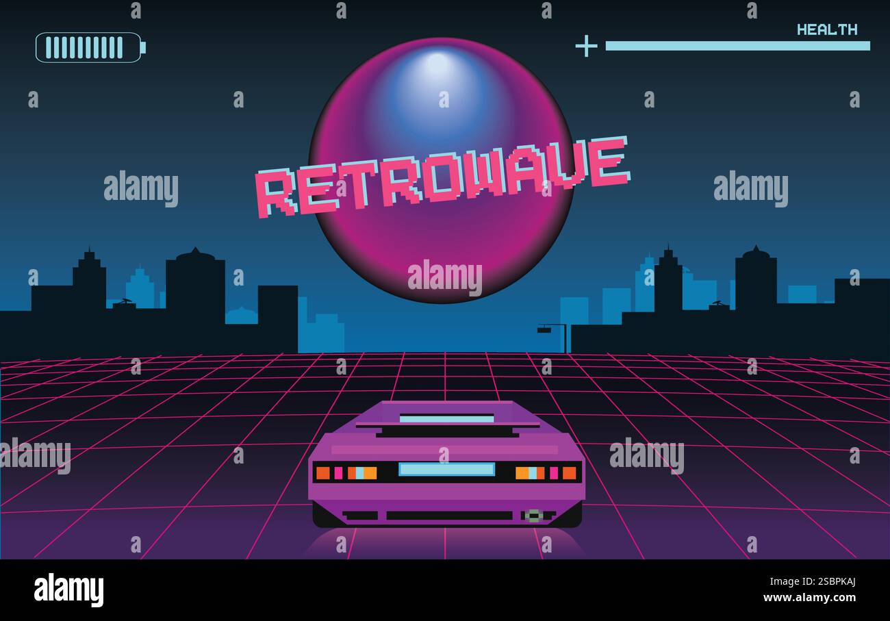 1980's neon sci fi landscape. Retrowave, synthwave vector background ...