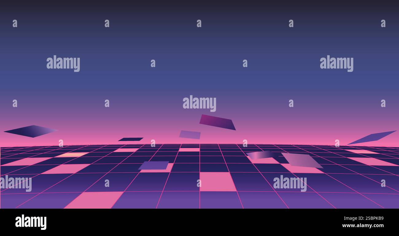 1980's neon sci fi landscape. Retrowave, synthwave vector background. Cyberpunk perspective grid ...