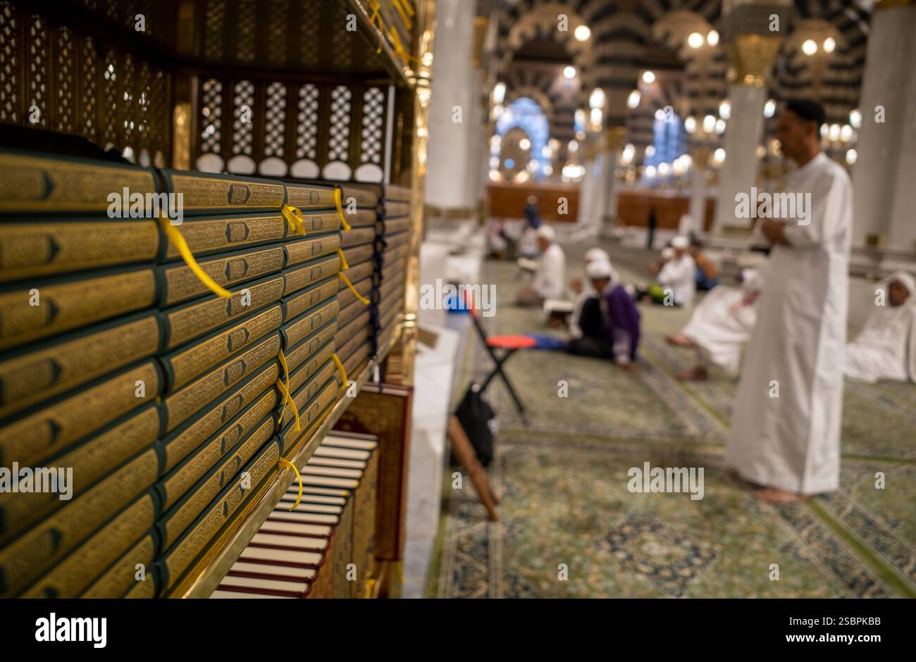 Al-Quran rows lined up neatly in Masjid Nabawi, Prophet Mosque, Medina ...