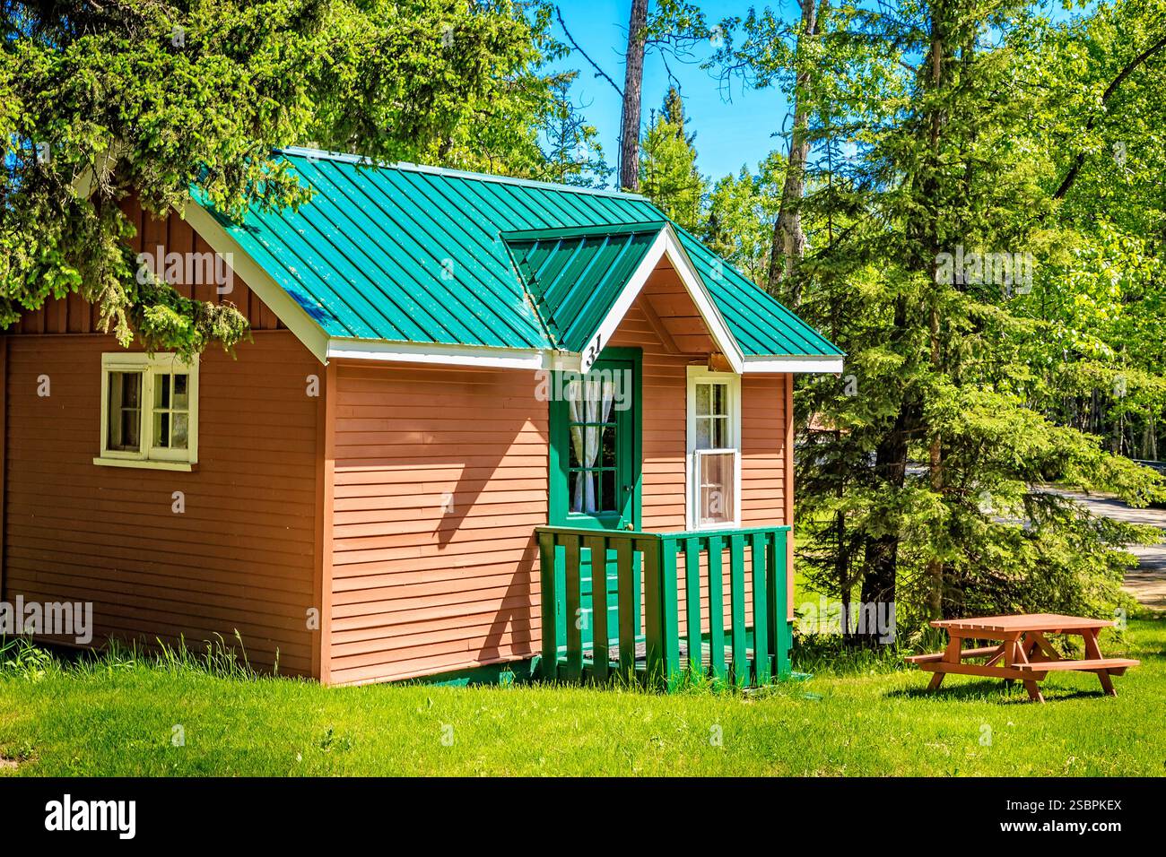 Small cabin with a green roof sits in a grassy field. The cabin has a ...
