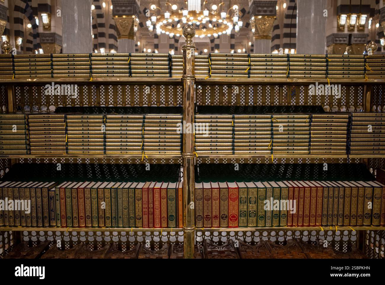 Al-Quran rows lined up neatly in Masjid Nabawi, Prophet Mosque, Medina ...