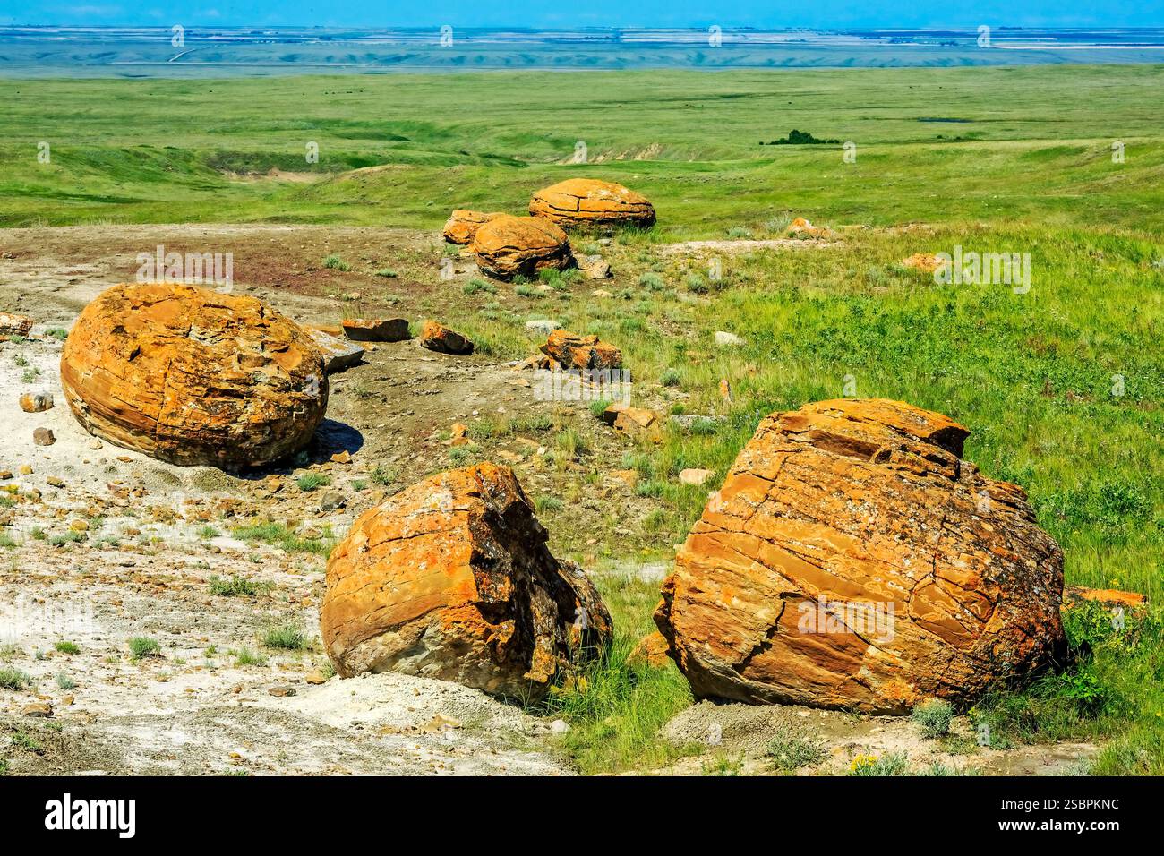 Group of large rocks are scattered across a grassy field. The rocks are ...