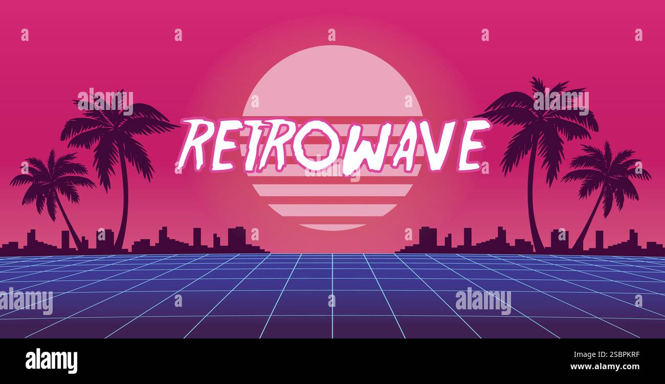 1980's neon sci fi landscape. Retrowave, synthwave vector background ...