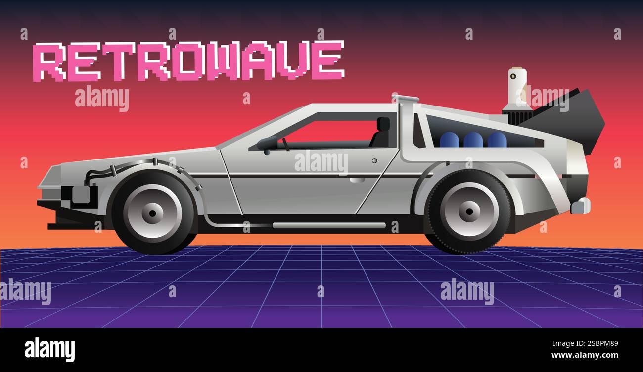 80s retrowave background, 3d illustration. Retro video racing game ...