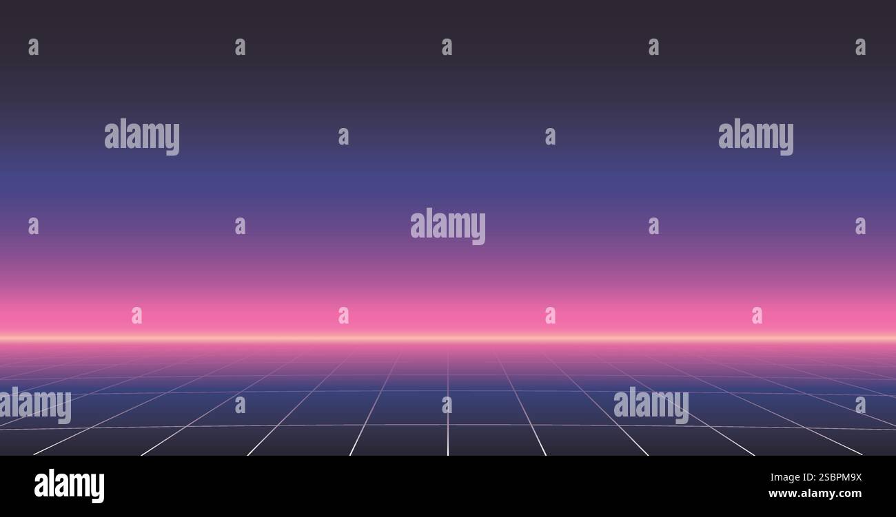 1980's neon sci fi landscape. Retrowave, synthwave vector background. Cyberpunk perspective grid ...