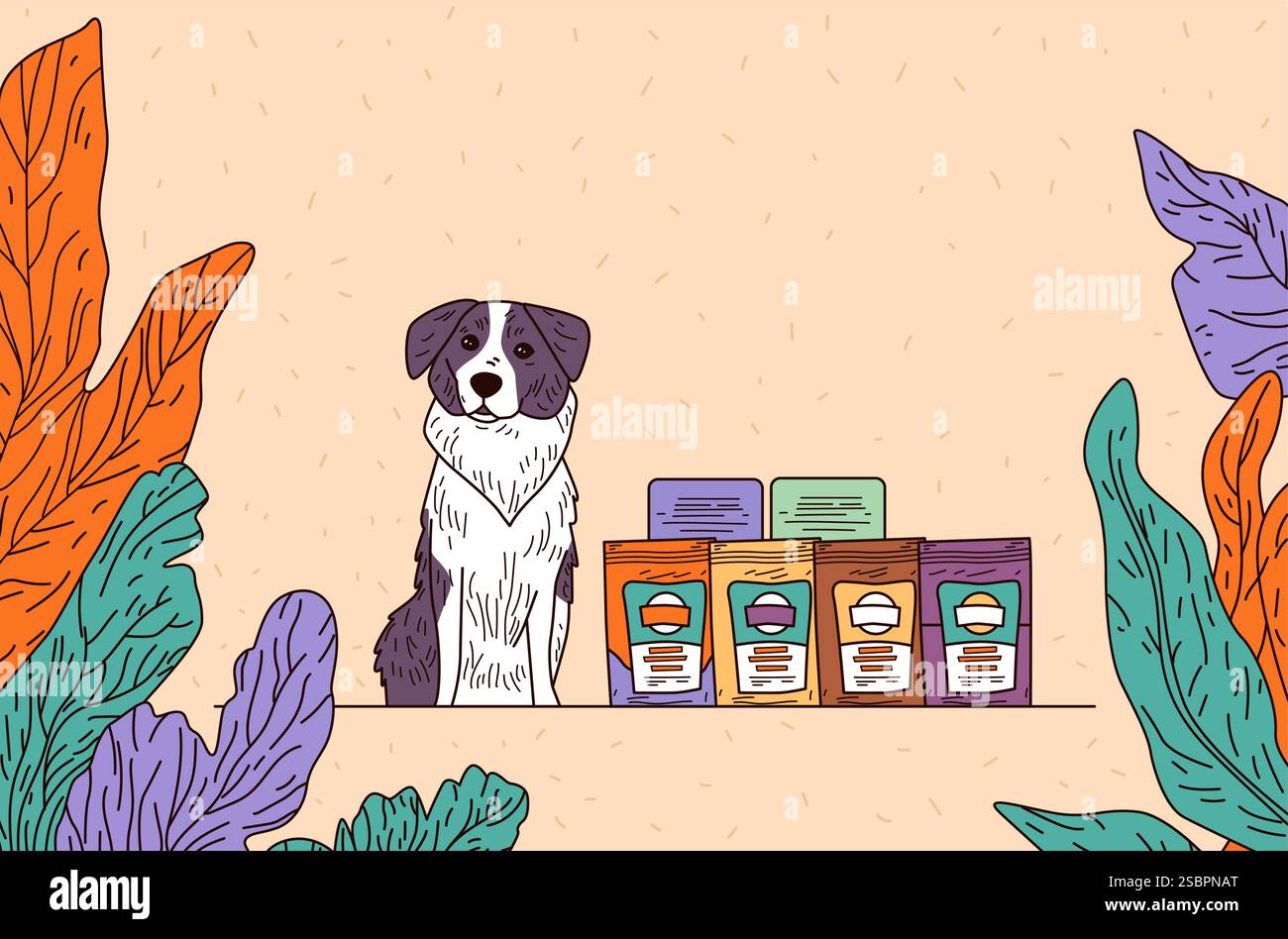 Dog food packaging design pet products. Border Collie with colorful ...