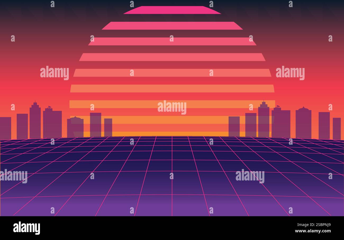 1980's neon sci fi landscape. Retrowave, synthwave vector background. Cyberpunk perspective grid ...