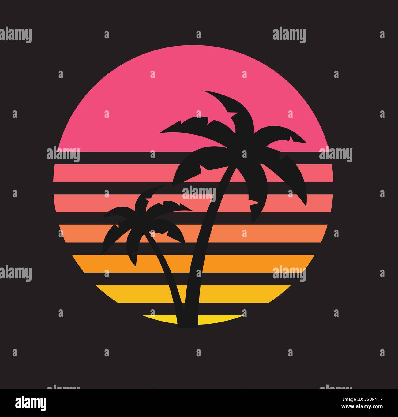 1980's retrowave style illustration with coconut palm trees against the ...