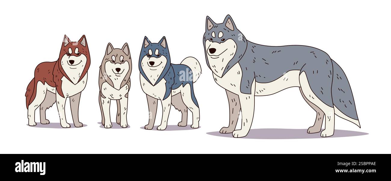 Husky dogs family colorful cartoon illustration. Four playful huskies ...