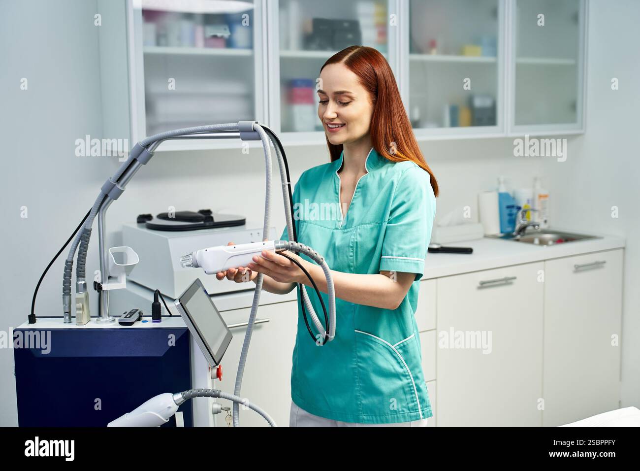 A young dermatologist showcases a modern procedure in a bright ...