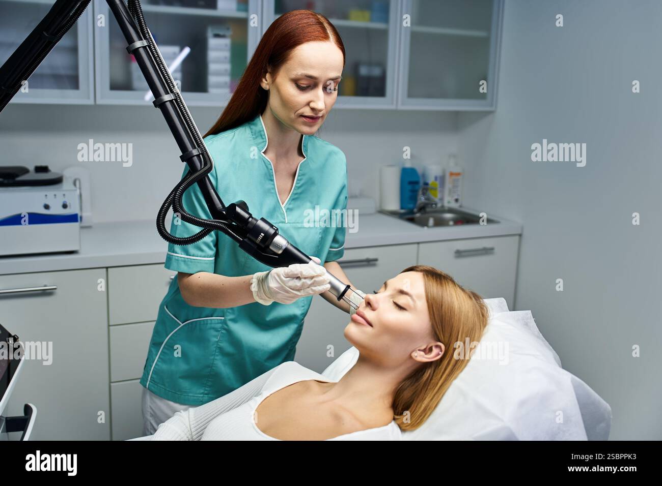 A skilled pro uses modern dermatology techniques on a young womans skin ...