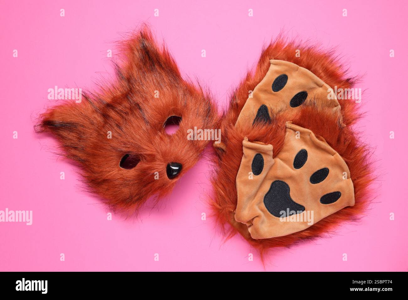 Quadrobics. Fox mask and gloves on pink background, flat lay Stock ...