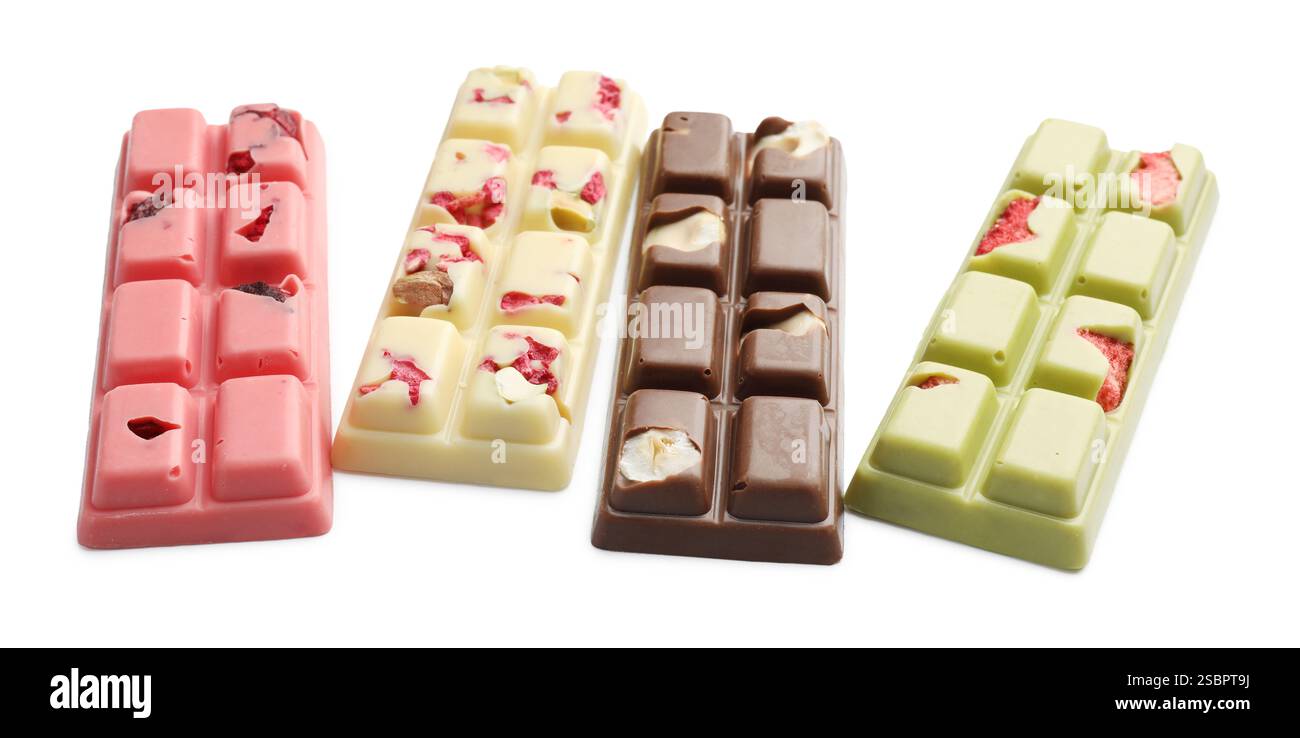 Different tasty chocolate bars isolated on white Stock Photo - Alamy