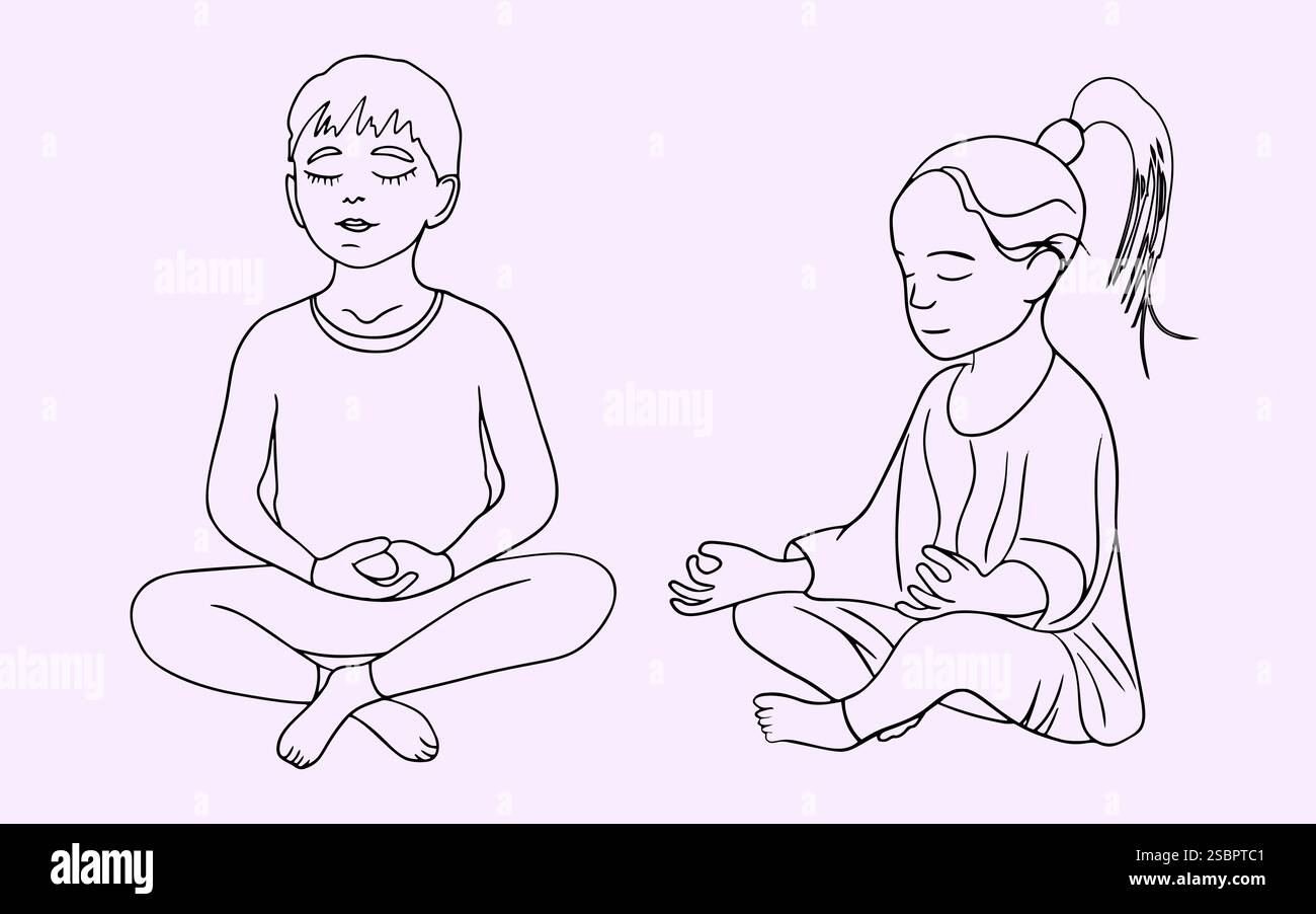 Line drawing of meditating children. Yoga relaxation, meditation ...