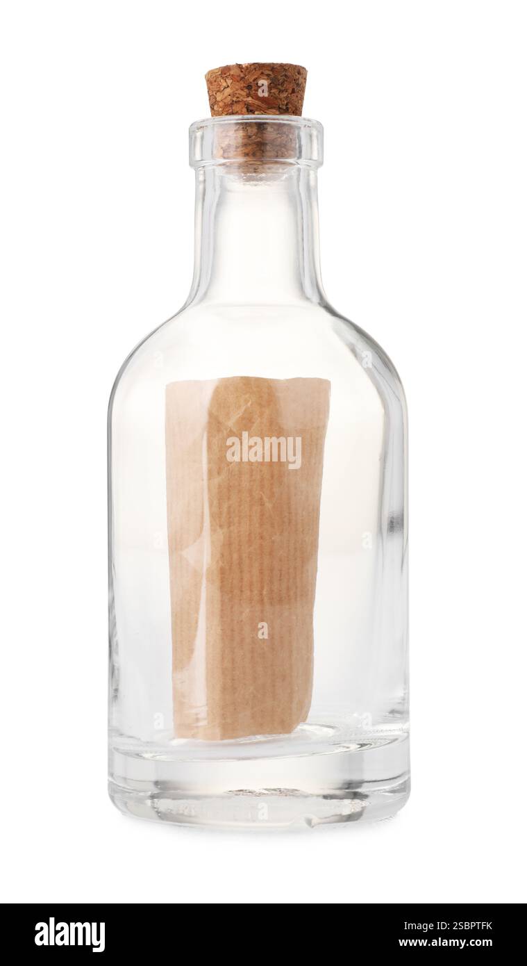 Corked glass bottle with rolled letter isolated on white Stock Photo ...