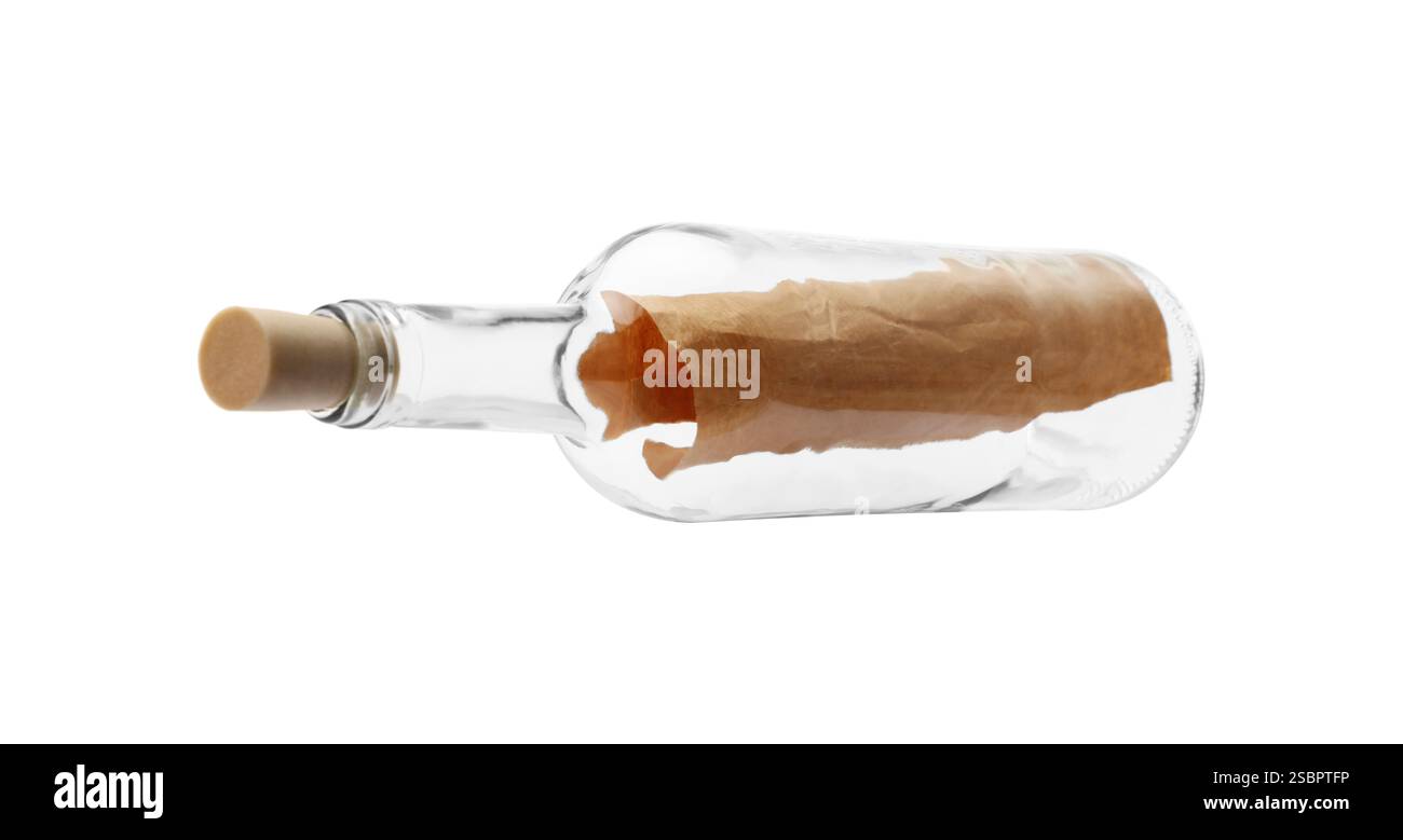 Corked glass bottle with rolled letter isolated on white Stock Photo ...