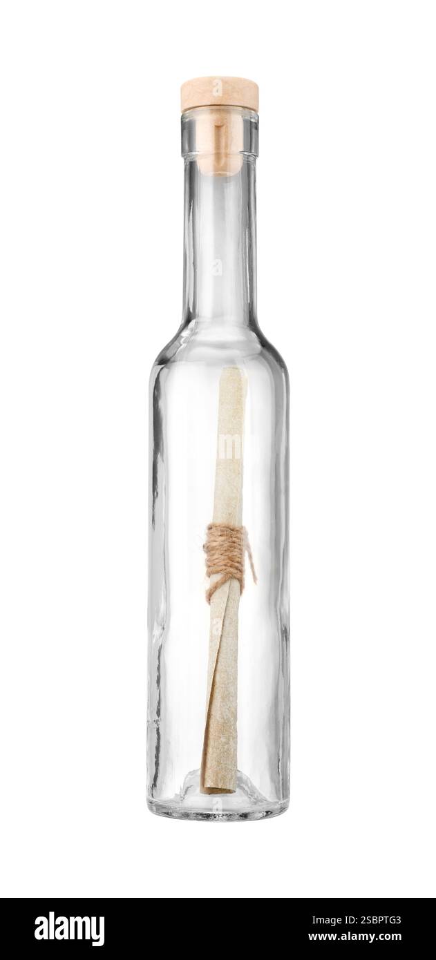 Corked glass bottle with rolled letter isolated on white Stock Photo ...