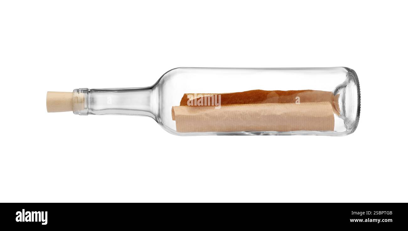 Corked glass bottle with rolled letter isolated on white Stock Photo ...