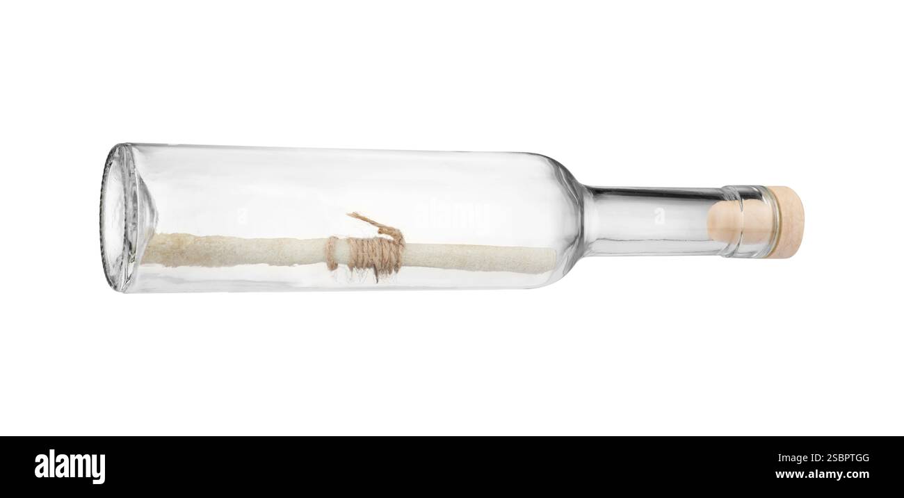 Corked glass bottle with rolled letter isolated on white Stock Photo ...