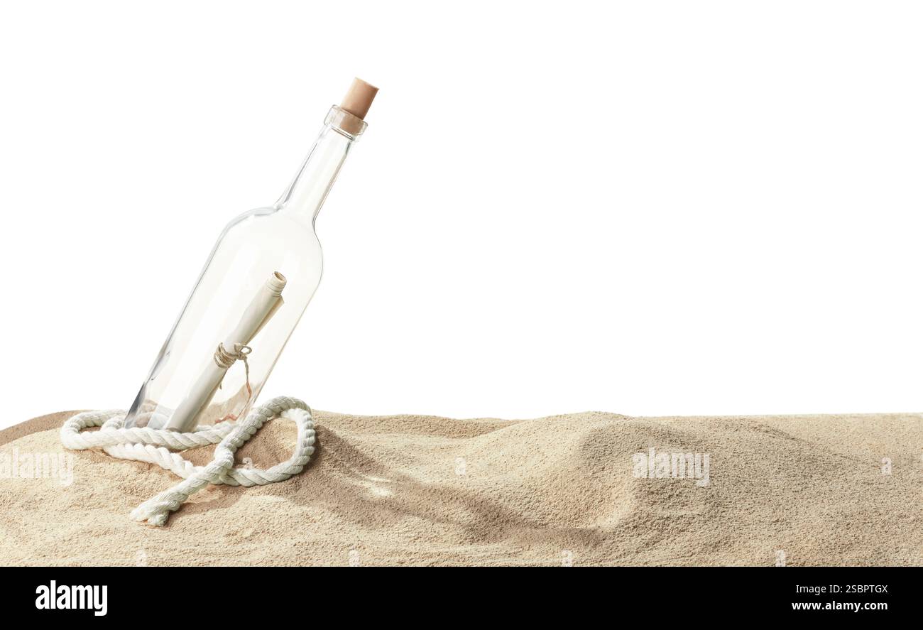 Rolled letter in corked glass bottle and rope on sand against white ...