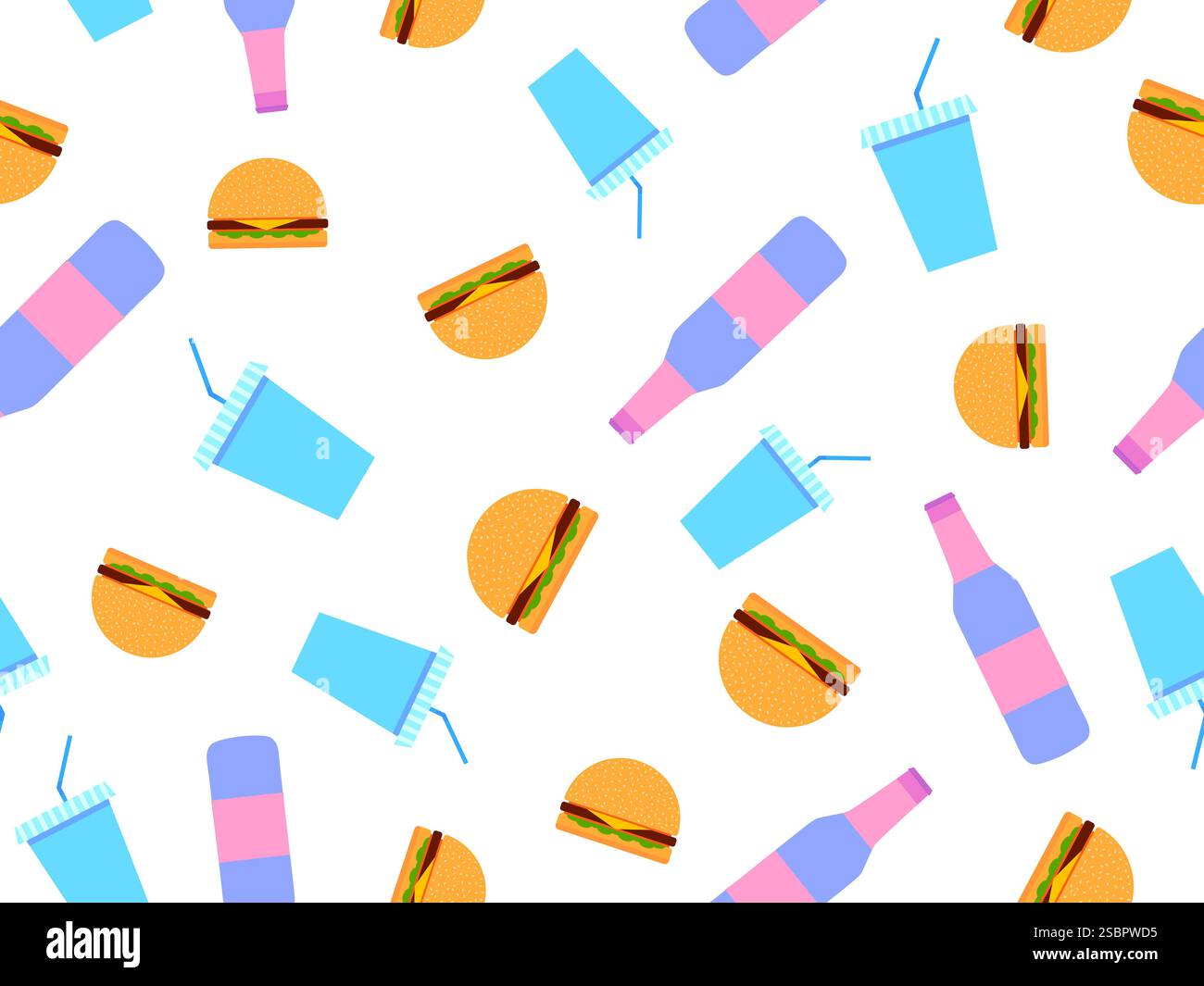 Fast food seamless pattern with burgers, soda and bottled drinks. Paper ...