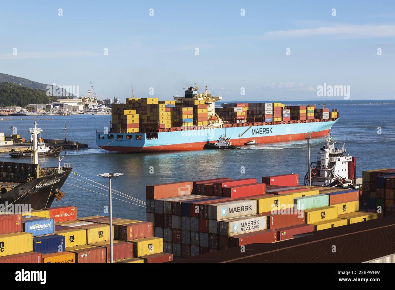 Maersk Serangoon cargo ship loaded with metal box shipping containers ...