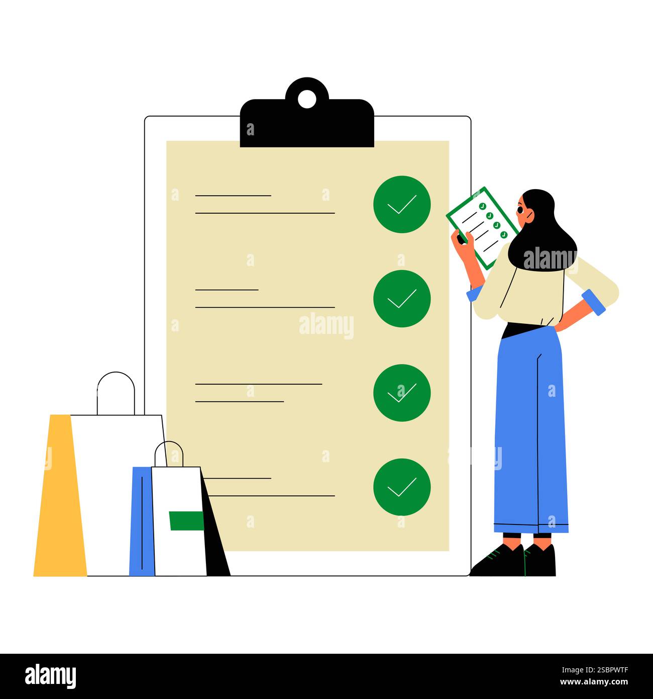 Female Shopper With a Checklist and Shopping Bags in Flat Vector ...